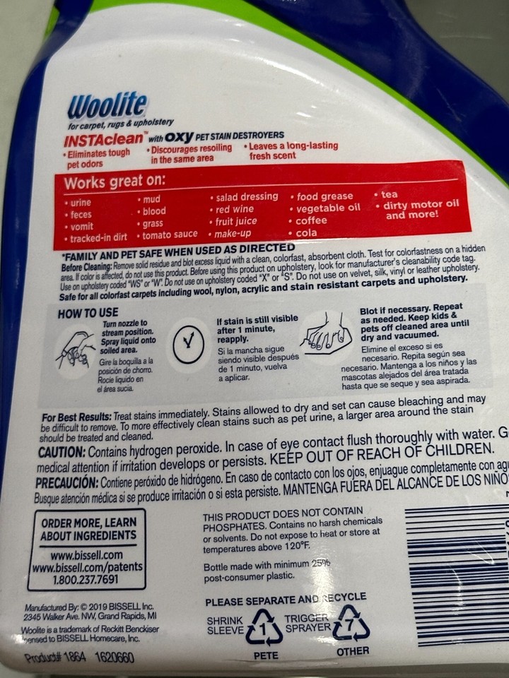 Woolite INSTA CLEAN Carpet Upholstery Rug PET STAIN ODOR OXY DESTROYER ...