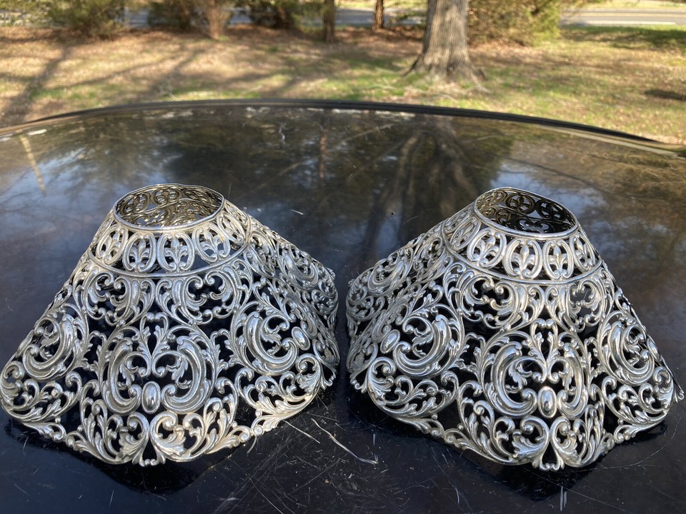 Matched Pair ANTIQUE Repousee FILIGREE SILVERPLATE CANDLE LAMP SHADES ...