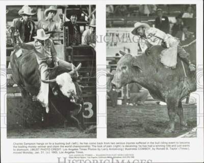 1983 Press Photo Rodeo cowboy Charles (Pee-Wee) Sampson hangs onto ...