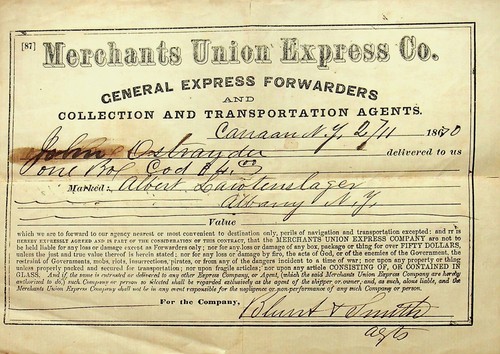 1870 MERCHANTS UNION EXPRESS COMPANY CENTRAL EXPRESS FOLLOWERS RECEIPT ...