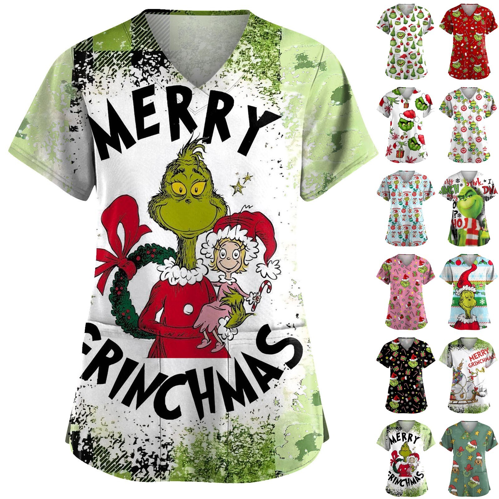 Women Christmas Grinch Nursing Uniform Scrub Short Sleeve Top With ...