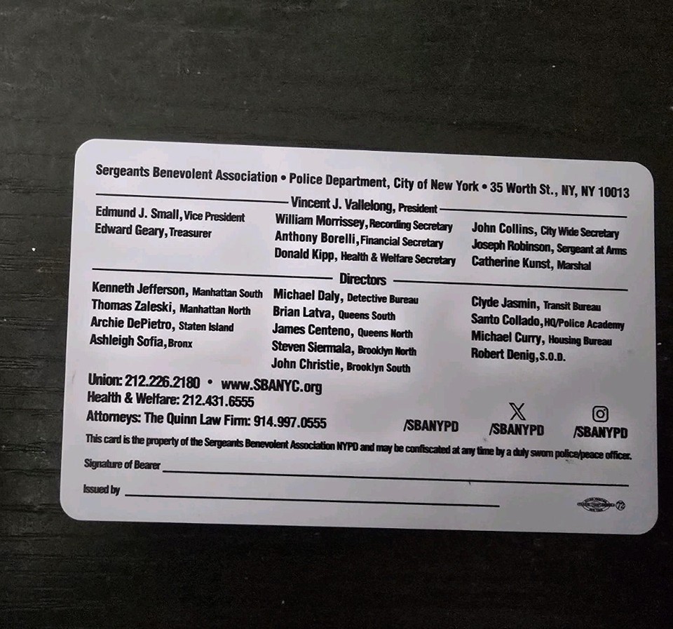 Nypd SBA Card Not PBA Twenty Twenty Six. Genuine Mint Condition ...