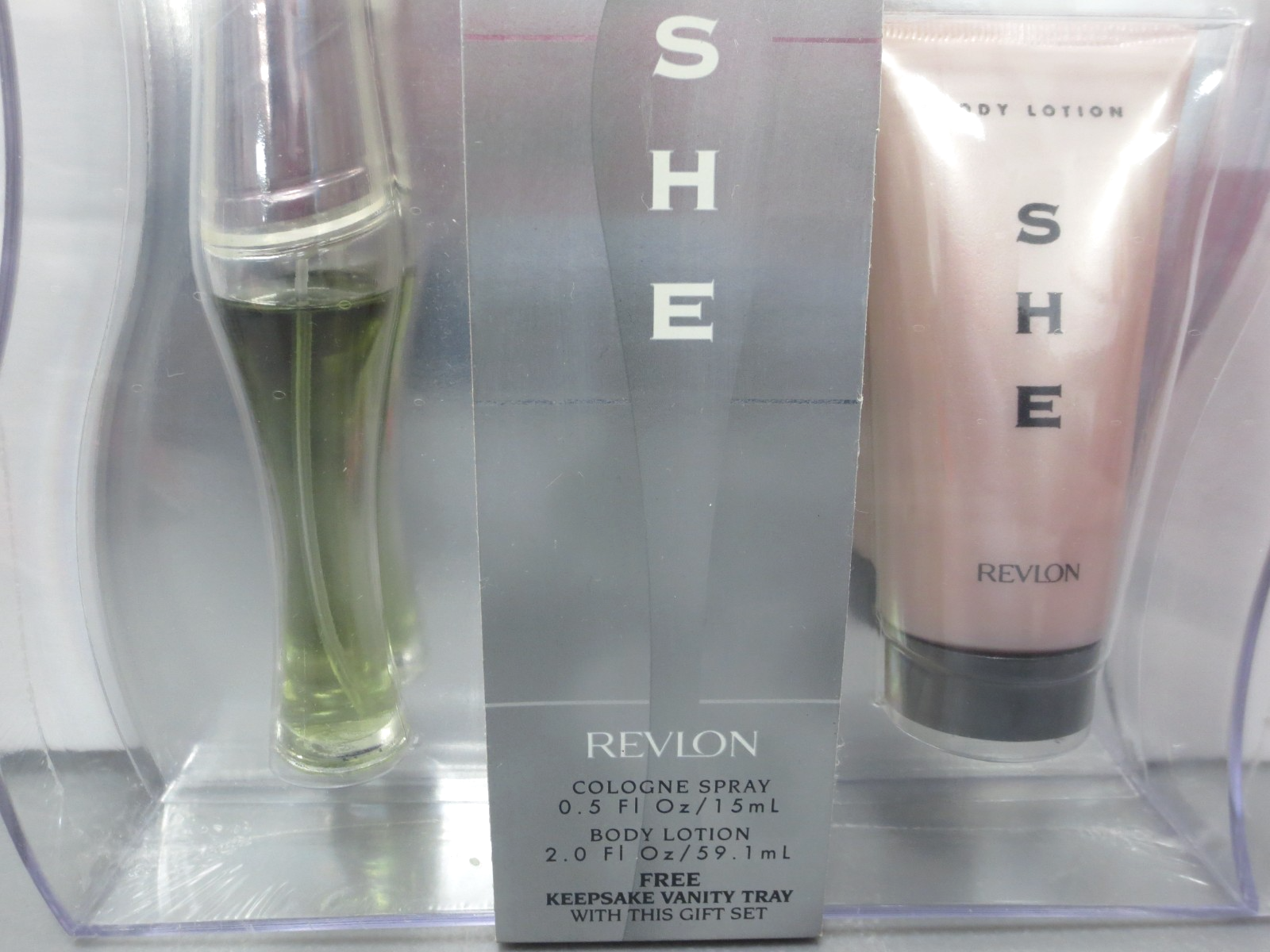 REVLON SHE COLOGNE SPRAY 0.5 OZ AND BODY LOTION 2 OZ + VANITY TRAY GIFT ...