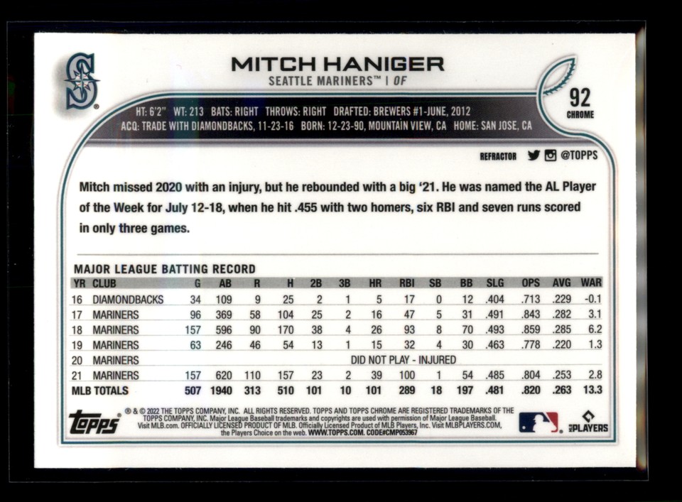 2022 Topps Chrome Refractor #92 Mitch Haniger Seattle Mariners | eBay