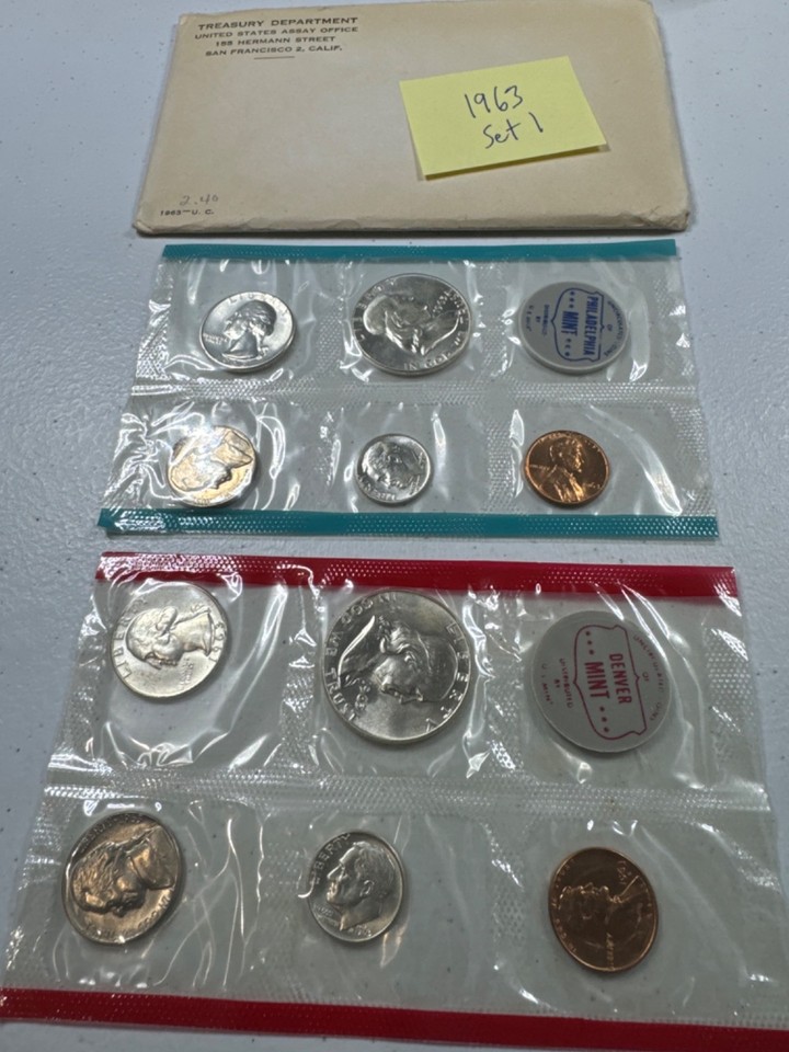 (1) 1963 US MINT SILVER P & D Set, in all OGP, w/ 90% SILVER COINS, SET ...