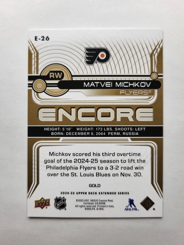 Matvei Michkov 2024-25 UD Extended Series Encore Gold Rookie Insert ...