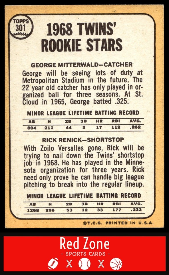 1968 Topps - #301 Twins Rookie Stars (Geo. Mitterwald / Rick Renick) RC ...