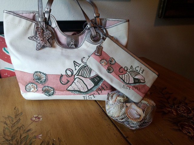 Coach # F19273 Bag Beach Seashell Shoulder Natural Canvas Tote W ...