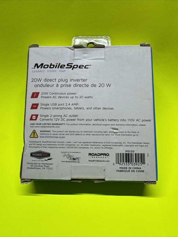 MobileSpec 20W Direct Plug Power Inverter MS120 Sealed Box | eBay