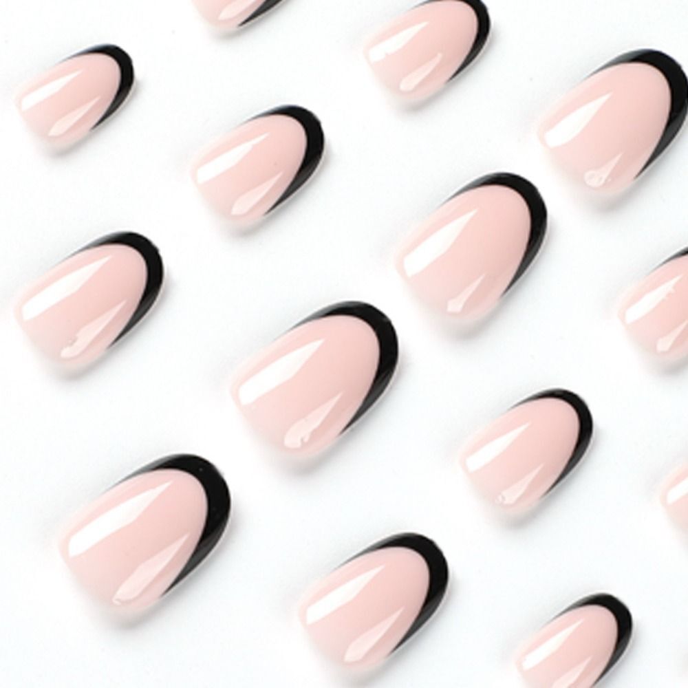 24pcs Nail Tips Fake Nials DIY Short Almond False Nails Black Edge ...