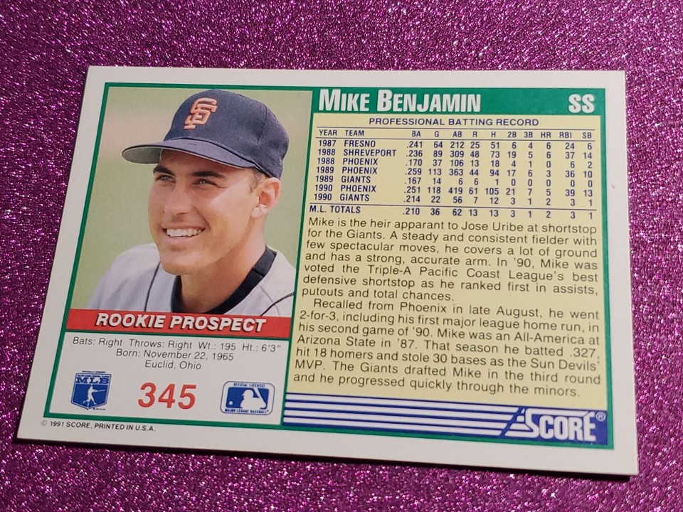 1991 Score Mike Benjamin #345 Rookie Prospect San Francisco Giants MLB ...