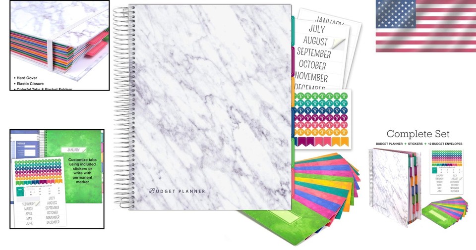 Budget Planner Organizer 8.5x11 Grey Marble 12 Envelopes Elastic ...