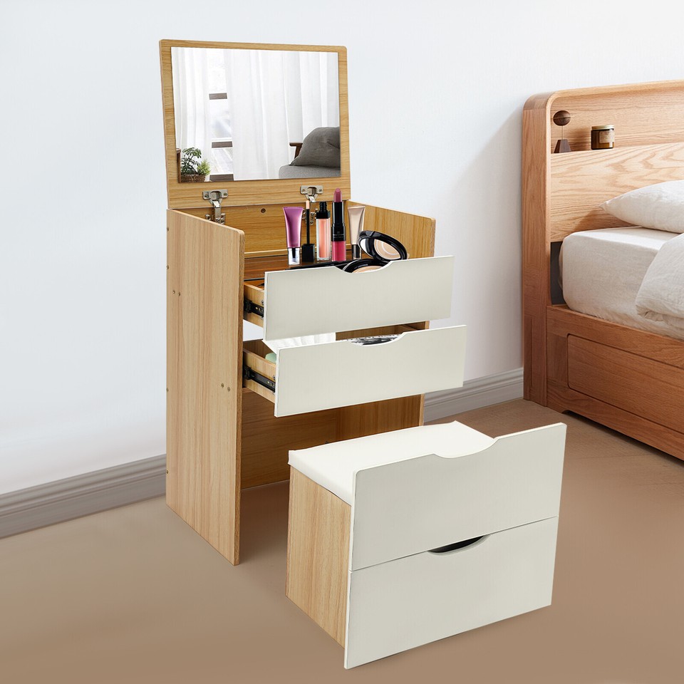 3 Drawers Vanity Desk w/Makeup Stool & Mirror Bedroom Makeup Desk ...