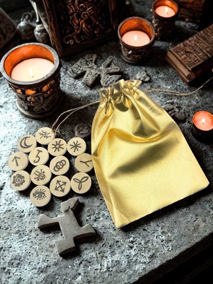 Wooden Witch Rune Stones Set for Divination Wicca Pagan with golden ...
