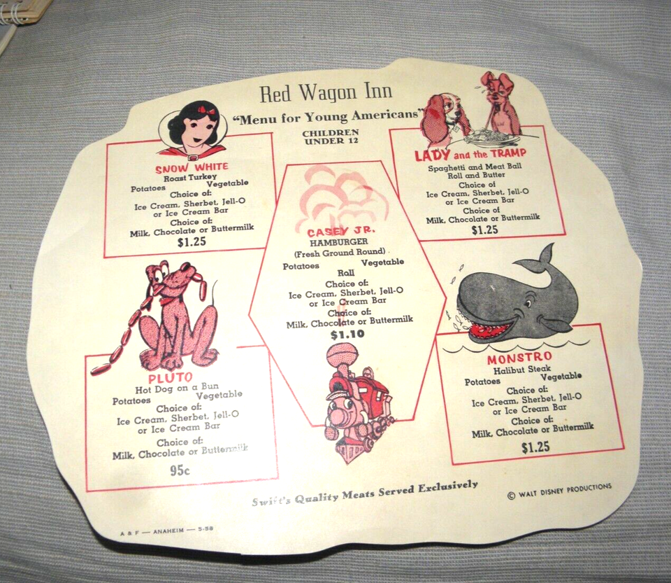 VINTAGE MENU FOR YOUNG AMERICANS RED WAGON INN DISNEYLAND WALT DISNEY ...