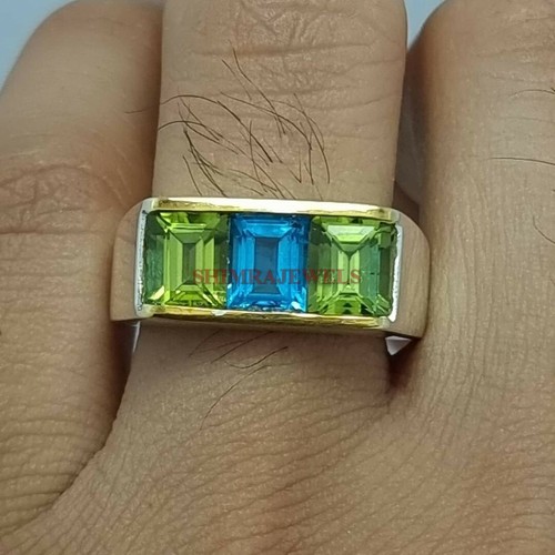 Natural Blue Topaz & Peridot Gemstone with 925 Sterling Silver Ring for ...
