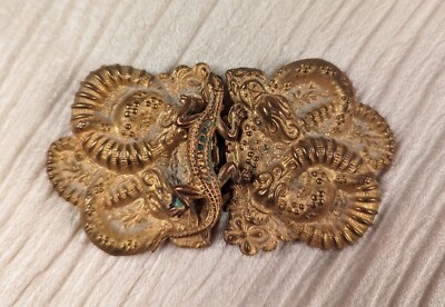 VICTORIAN 19TH C GOLD TONE METAL BELT BUCKLE FOR DRESS W LIZARD CENTER ...