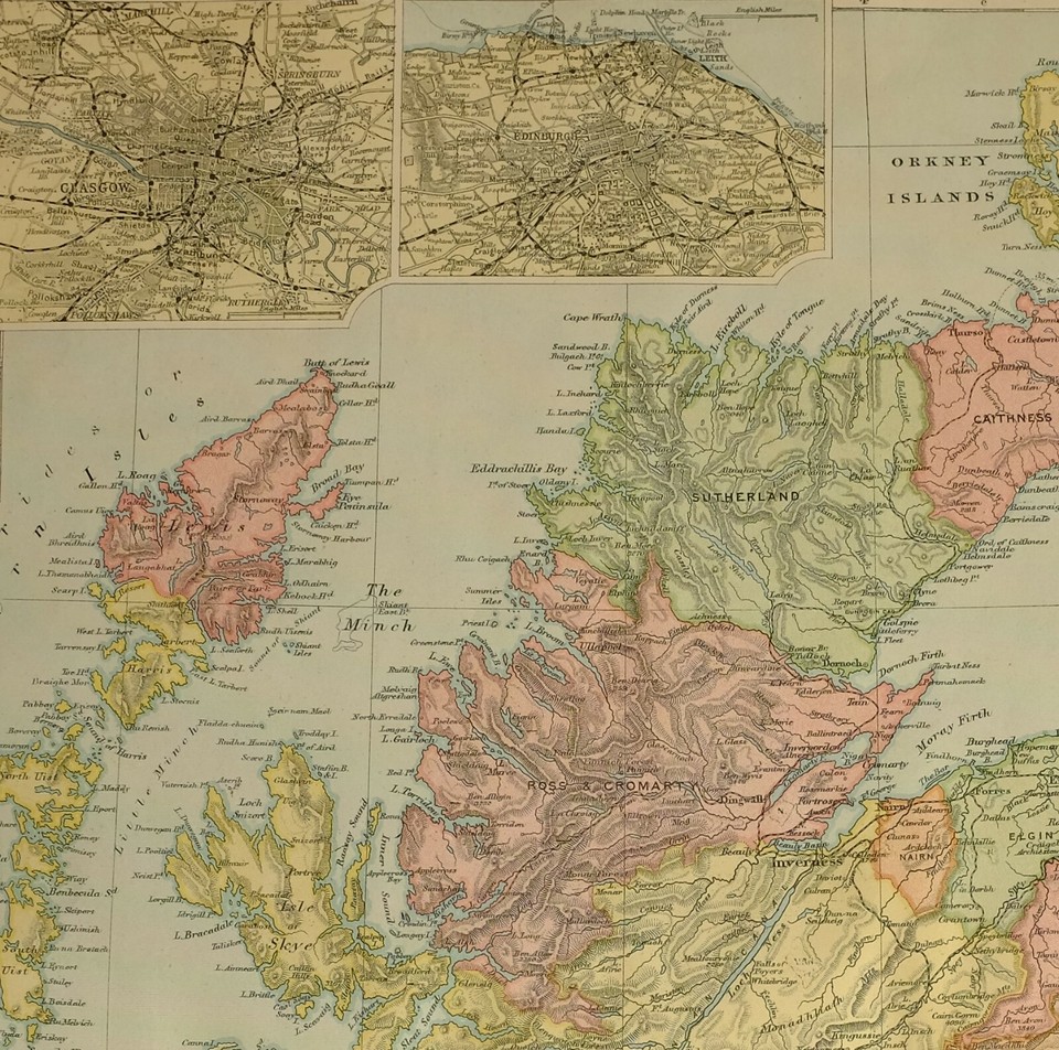 1896 Carte Écosse Glasgow Édimbourg Inverness Perth Argyll Ayrpeebles ...