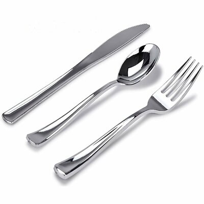 Disposable Silverware Polished Premium Silver Flatware Plastic Spoons ...