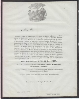 1856 Faire-part décès Jean-Adolphe-Jules d'ANVIN de HARDENTHUN - Amiens ...