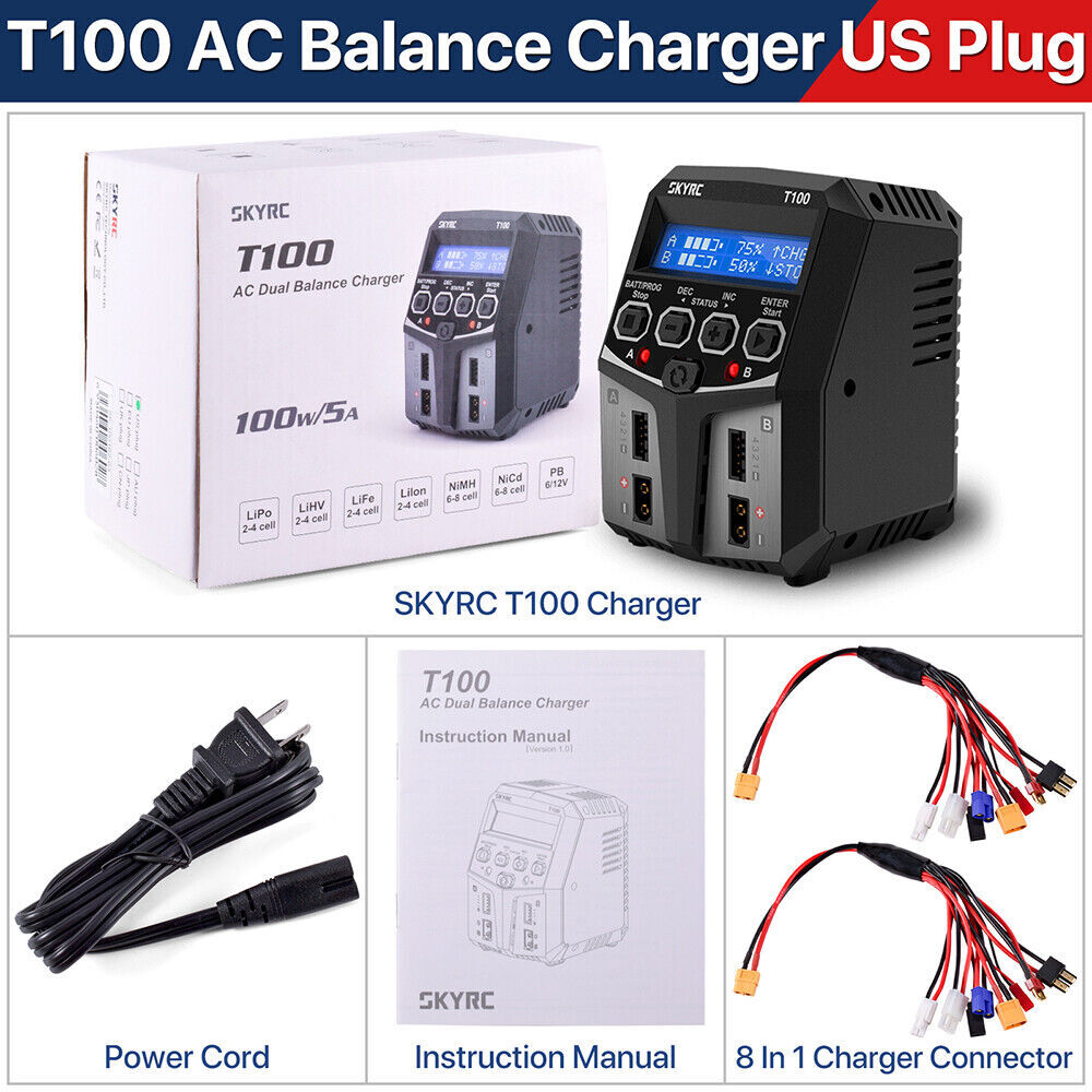 SKYRC T100 AC Lipo Battery Balance Charger Dual 5A 2X50W 2-4S RC Car ...