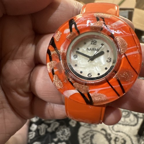 Working VTG Narmi Quartz Orange Cuff Ladies Dainty Watch Band MOP 40mm ...