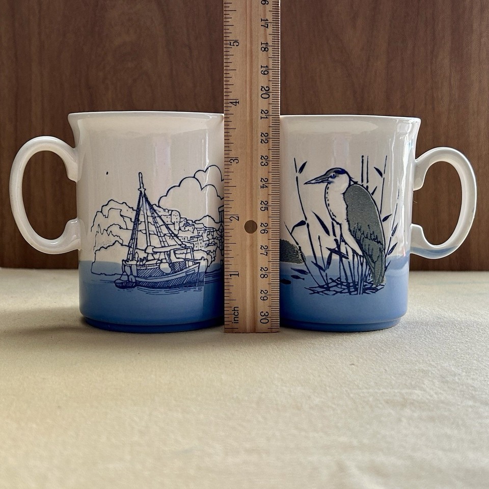 English Ironstone Tableware Mugs Blue and White Set of 2 Herons Boats ...
