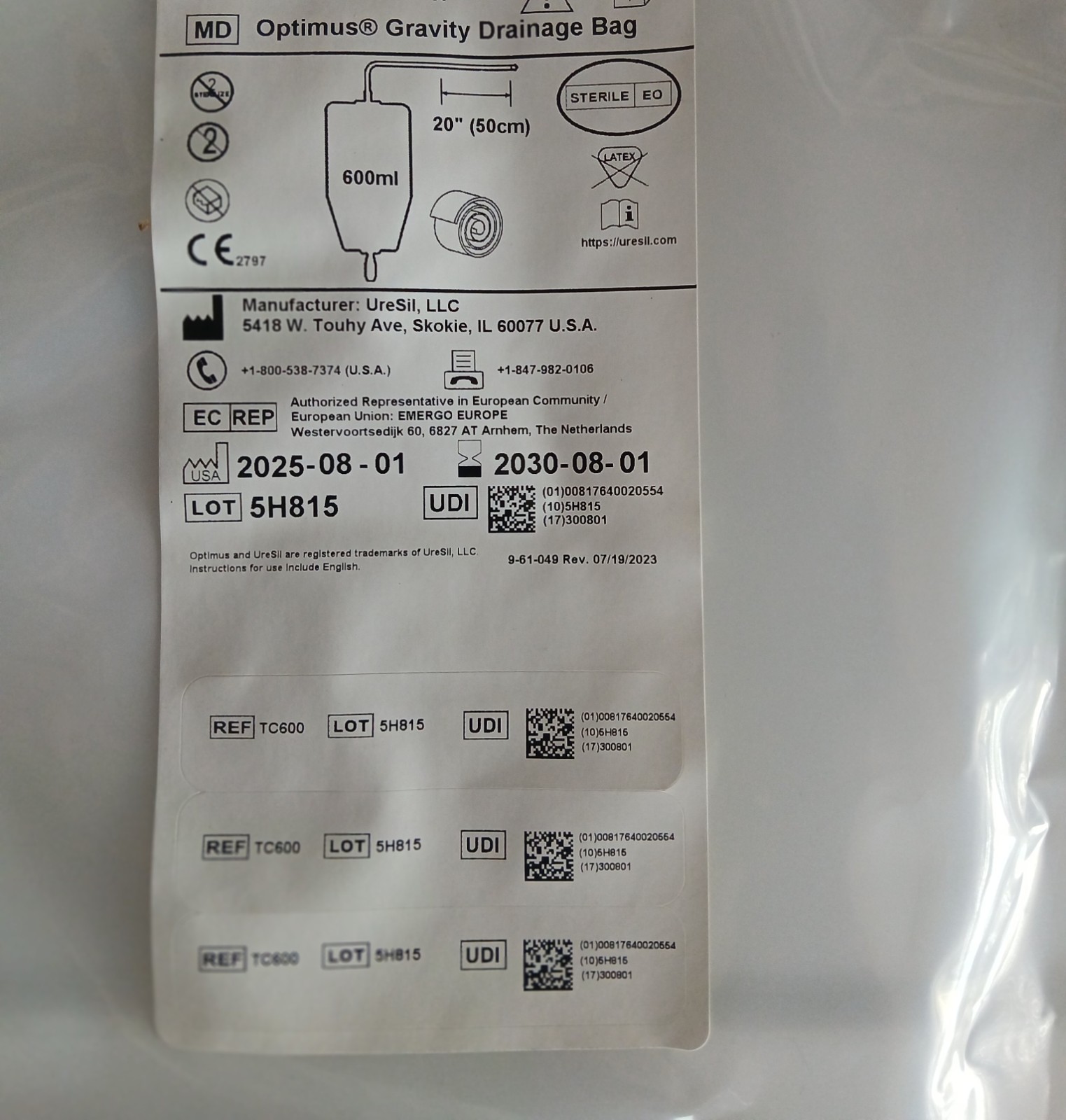 UreSil TC600 Optimus Gravity Drainage Bag 600ml New in Sealed Package ...