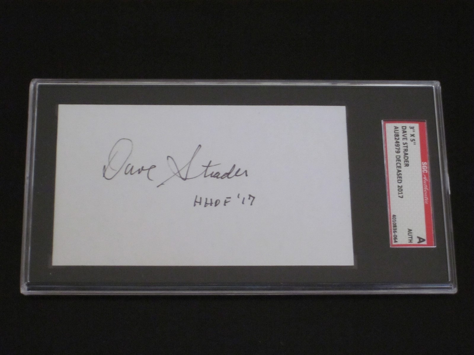 DAVE STRADER AUTOGRAPHED 3X5 INDEX CARD-SGC SLAB-ENCAPSULATED-HOF 17 ...