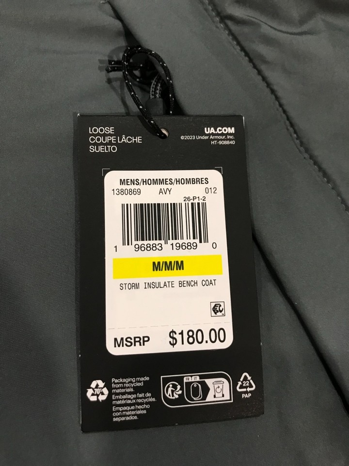 Under Armour Storm Men's Size M Grey Full Zip Insulated Bench Coat $180 ...