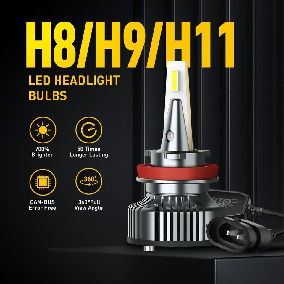 US 6500K H8 H9 White LED Headlight Bulbs Kit High Beam Low Super Bright ...