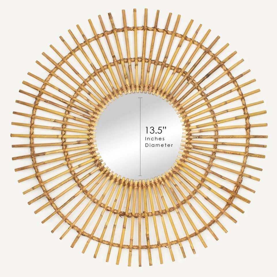Large Boho Sunburst Round Wall Mirror Handmade Radial Rattan Frame ...