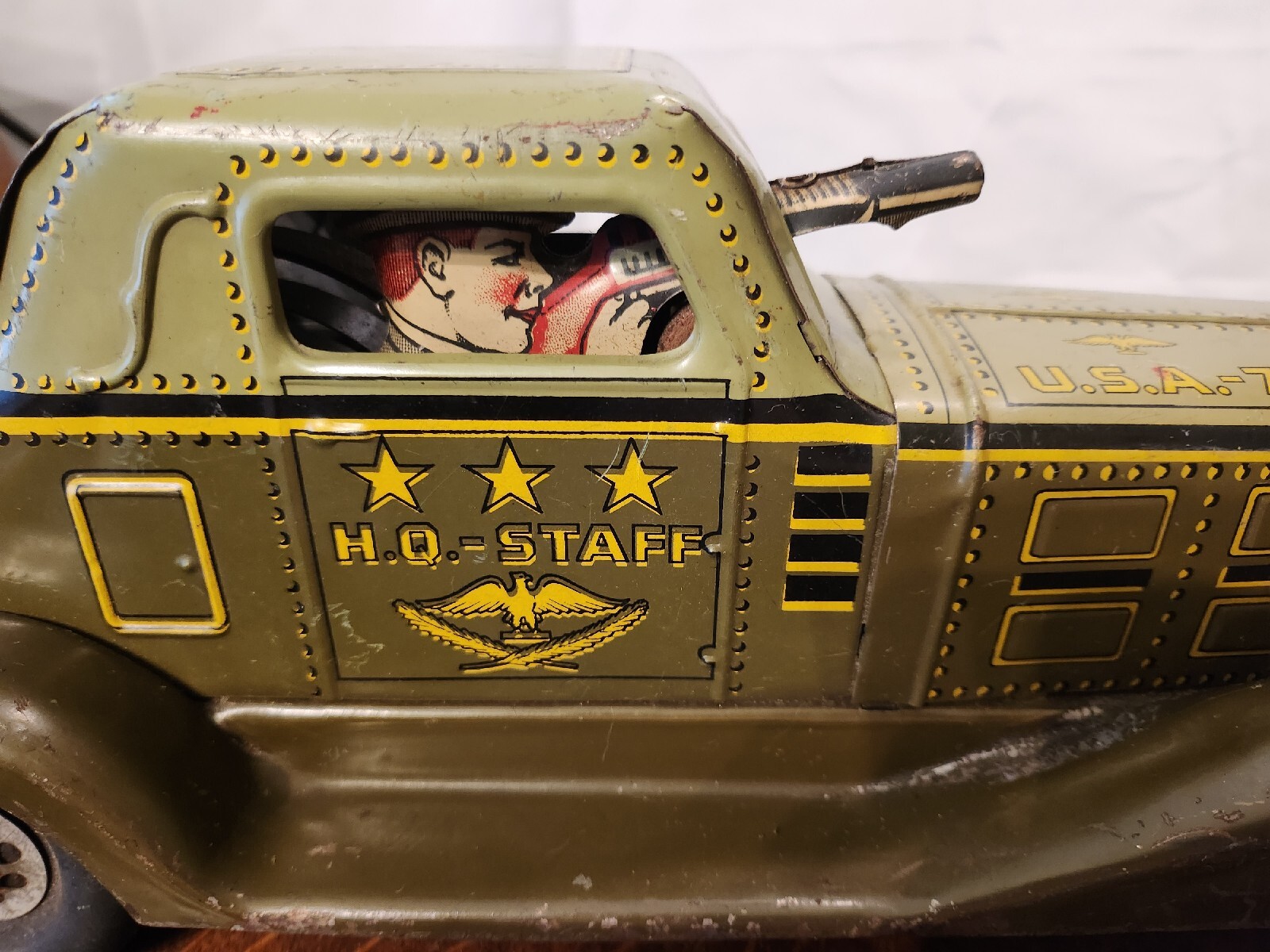 PRESSED STEEL MARX TIN LITHO HQ 7 STAFF G MAN PURSUIT CAR WINDUP TOY ...