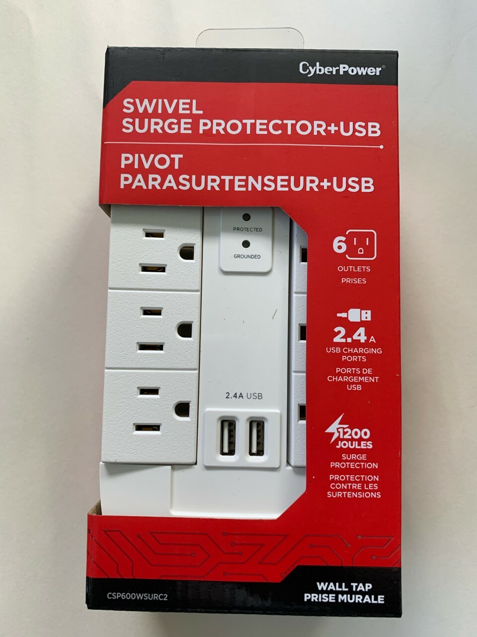 CyberPower Wall Tap Swivel Surge with 6 Outlets & 2 USB Charging Ports ...