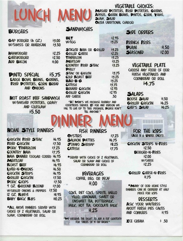Webb's Country Store Breakfast & Lunch / Dinner Menus Cumberland Gap ...