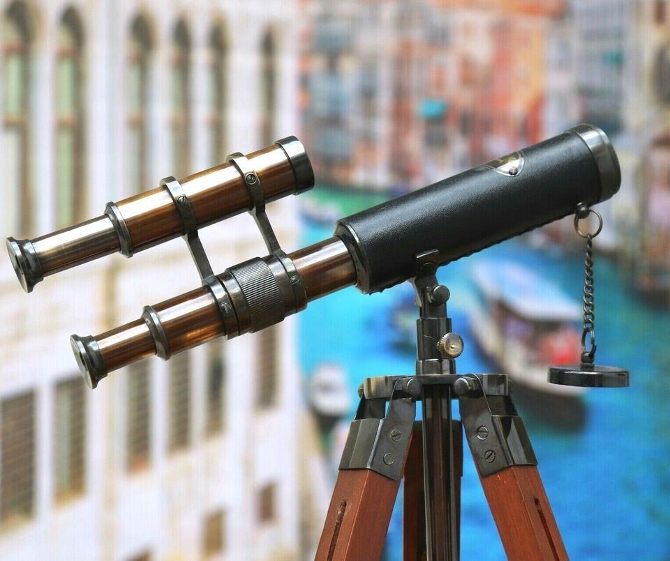 “Antique Brass Double-Barrel Telescope with Vintage Tripod Stand ...