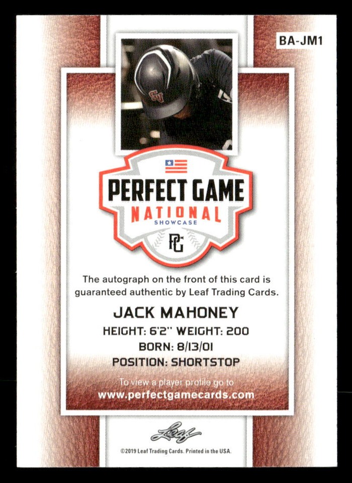 2019 Leaf Perfect Game National Jack Mahoney Auto Black #BA-JM1 Card ...