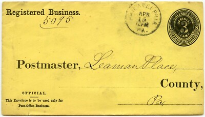 USA c1870 OFFICIAL STATIONERY REGISTERED BUSINESS 3c PHILADELPHIA...L1 ...