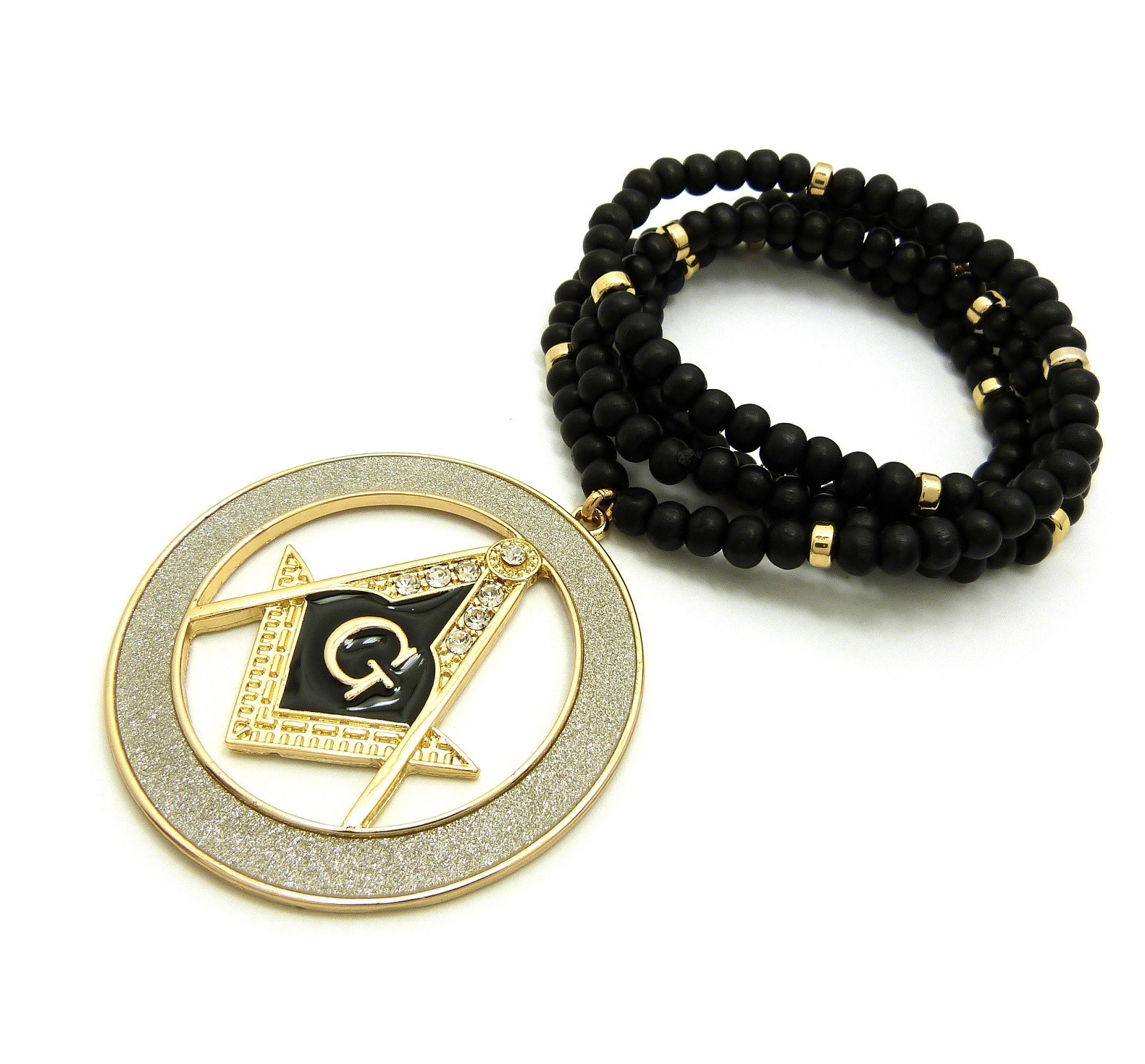 NEW FREEMASON MASONIC 2 TONE ROUND PENDANT 6mm/30" WOODEN BEAD CHAIN ...