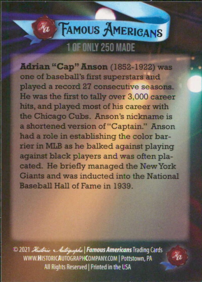 2021 Historic Autographs Famous Americans #97 "Cap" Anson | eBay