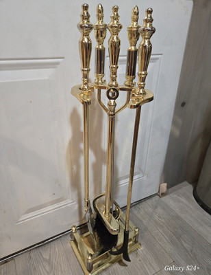 Vintage MCM Regency Style Polished Heavy Solid Brass Fireplace 5 Piece ...