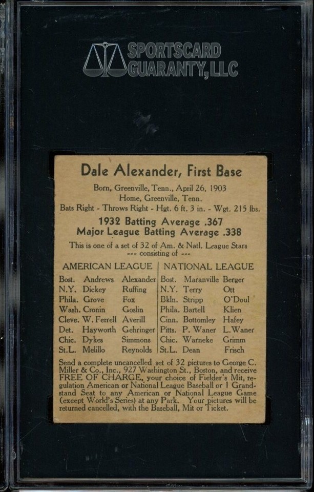 1933 George C. Miller Dale Alexander Red Sox SGC 2 GD LOOK! | eBay