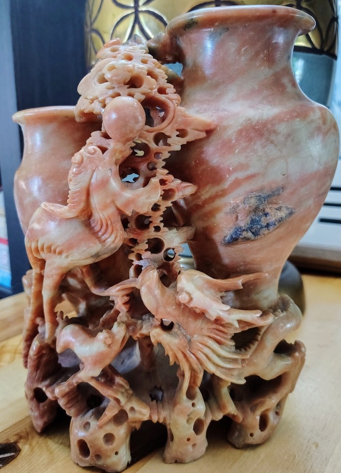 Vintage Intricate Hand Carved Chinese Soapstone Vase Dragon Phoenix ...