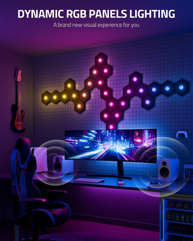 RGB Hexagon Soundproof Wall Panels with LED Lights Music Sync Acoustic ...