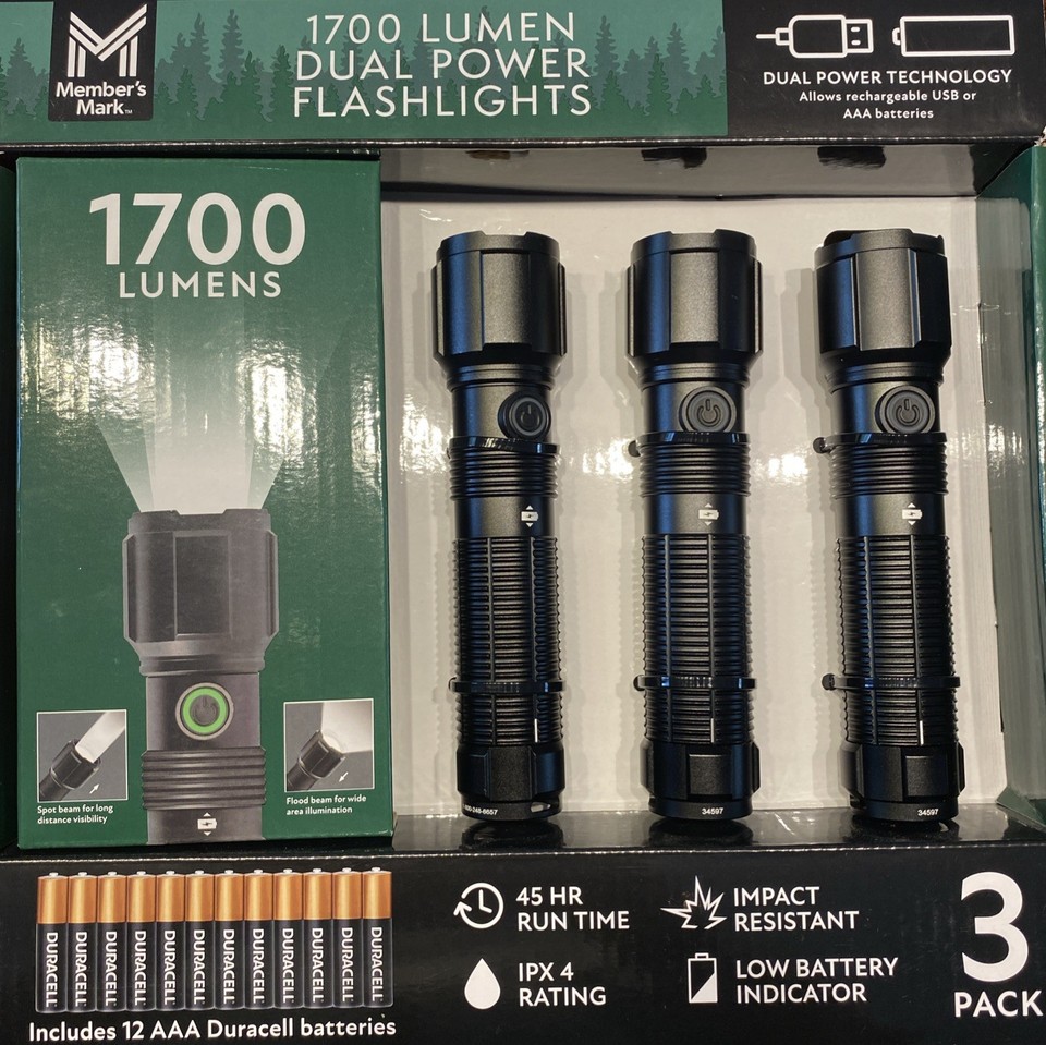 Member’s Mark 3PC 1700 Lumen Dual Power LED Flashlight Set ...