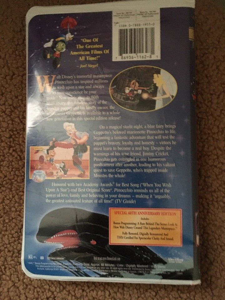 Walt Disney Pinocchio VHS, 1999 Classic Gold Addition 60th Anniversary ...
