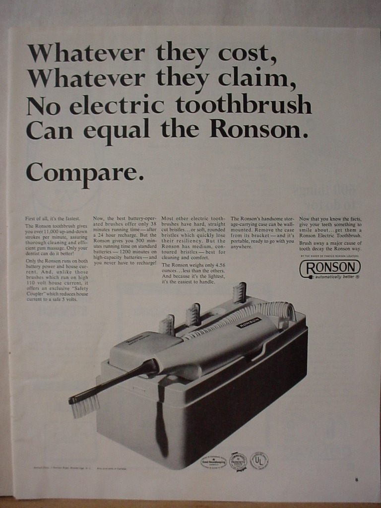 1964 Ronson Electric Toothbrush Personal Care Vintage Print Ad 10402 ...