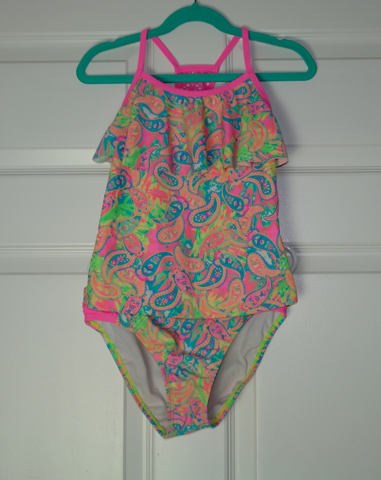 Girls Breaking Waves 2 Piece Tankini Swimsuit Neon Pink Green Paisley ...