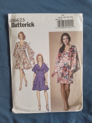 Butterick B6623 Empire Waist V Neck Dress Bell Sleeve Flare Pencil ...