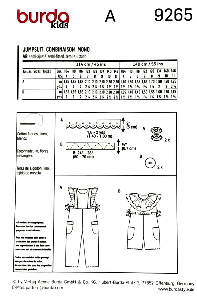 Burda 6265 Girls Overalls Sewing Pattern NEW! Uncut sz 4-11 | eBay